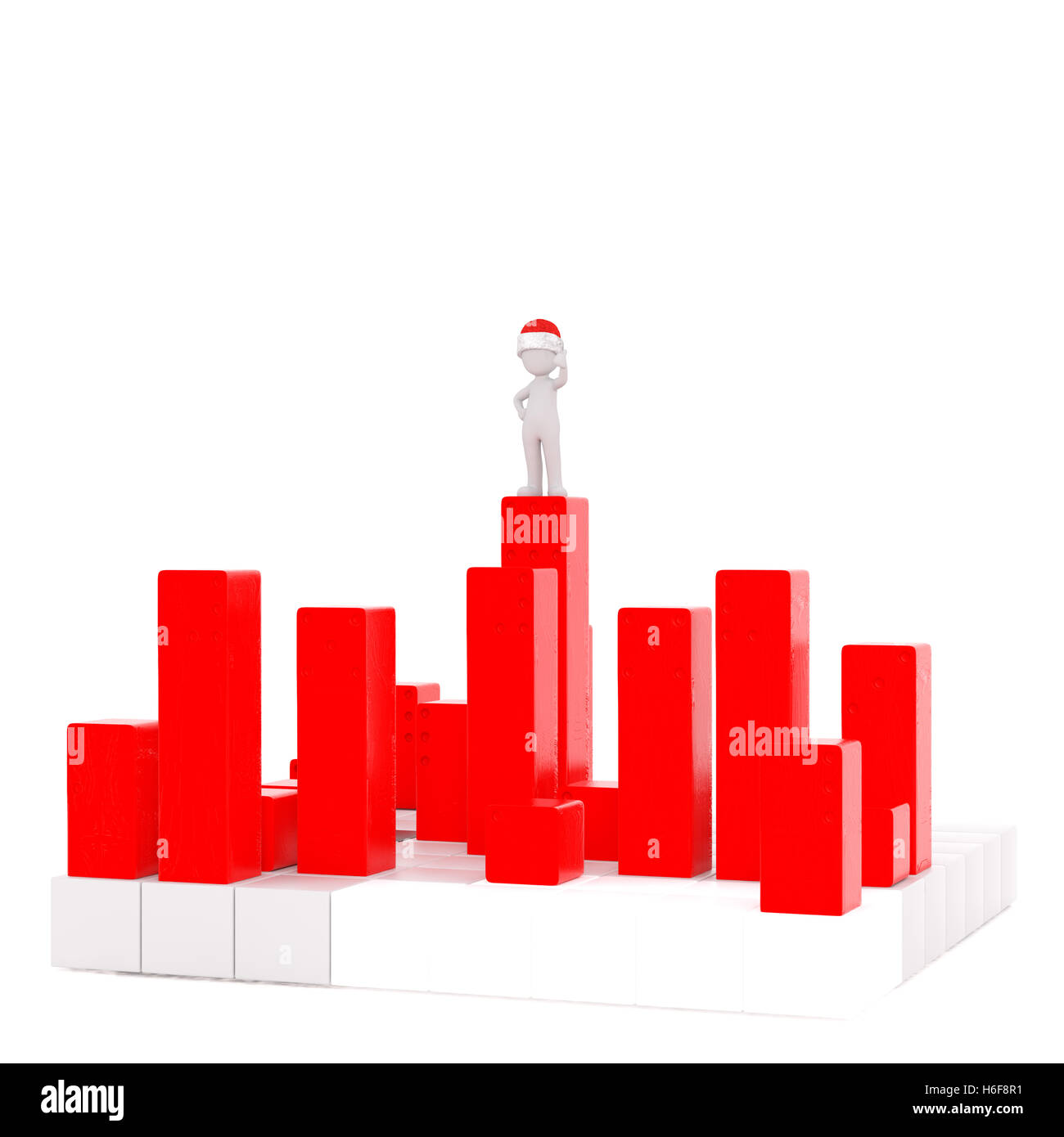 3D rendering of red bar graph with figure at top wearing a santa hat ...