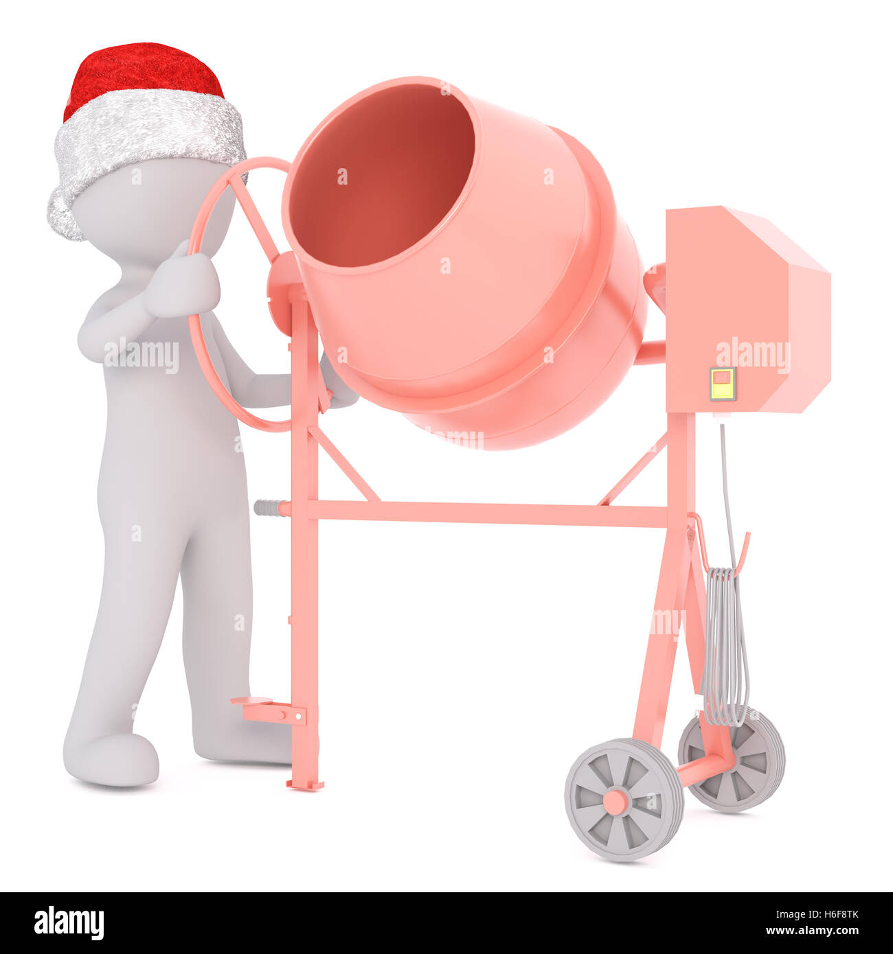 Little 3D figure in red hat using pink cement mixer with motor and ...