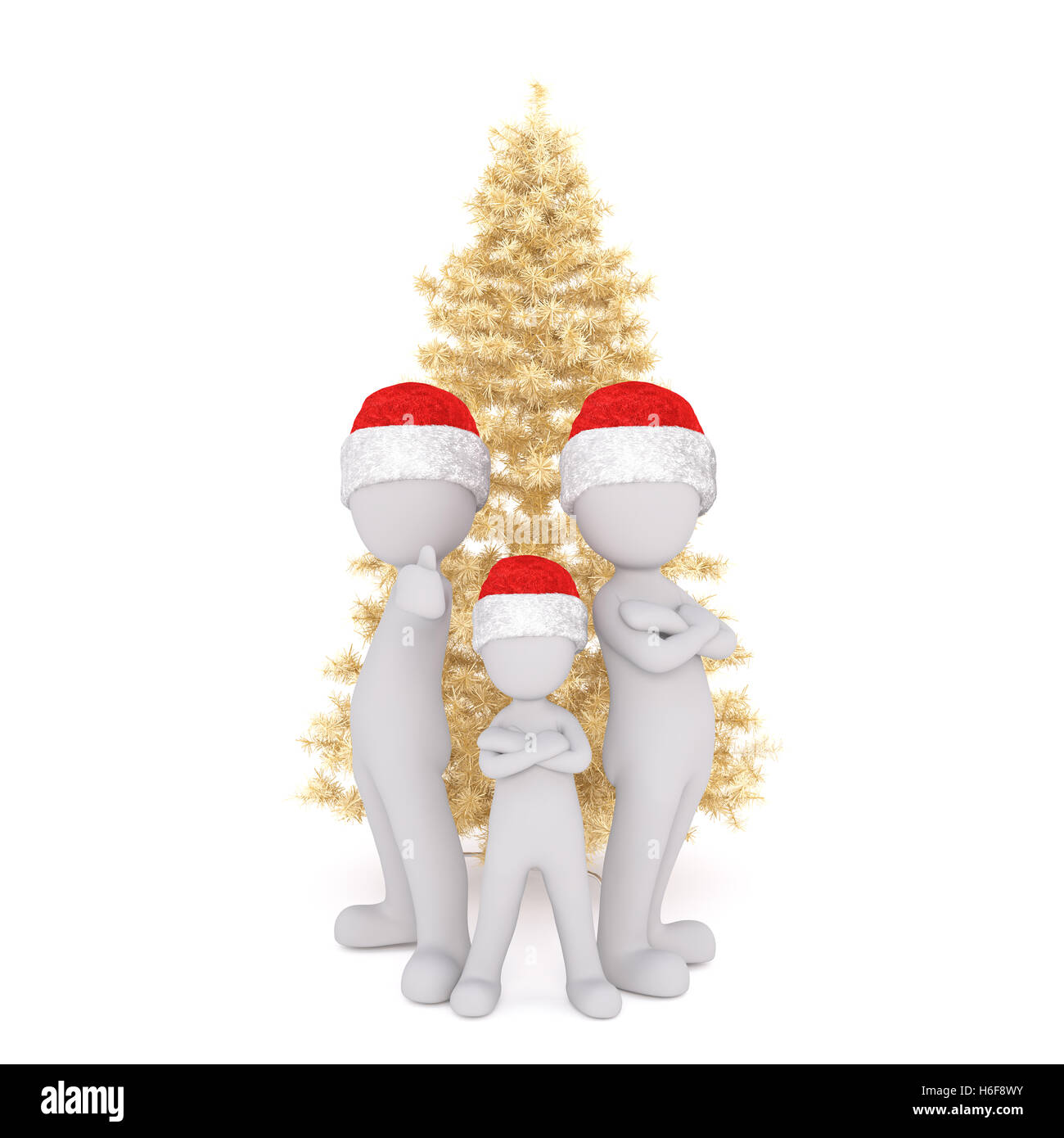 Trio of 3D human figures standing around golden colored Christmas tree ...