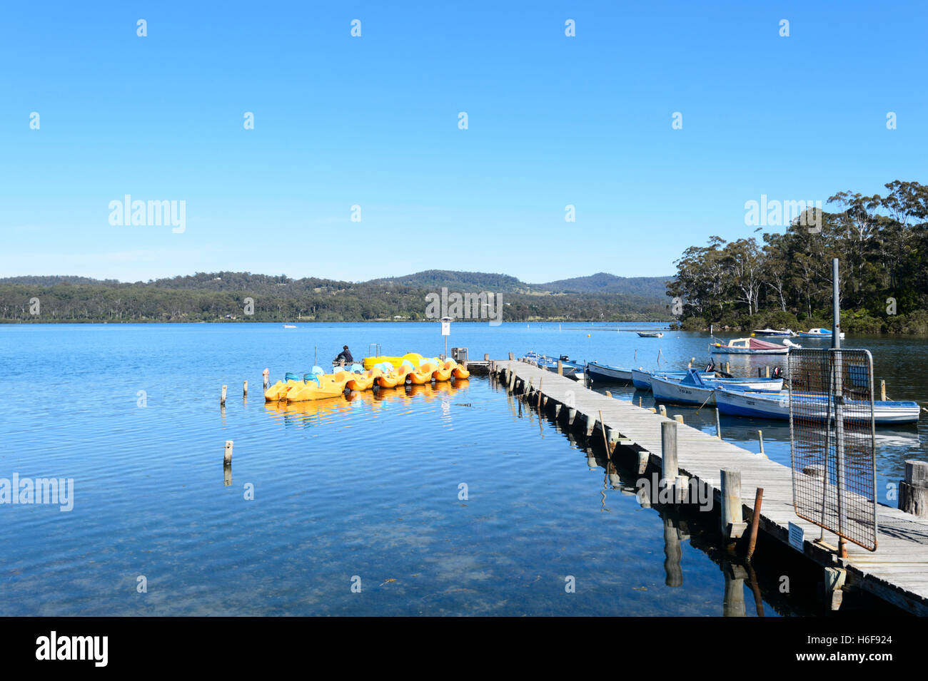 Yellow pedalos on Merimbula Lake, Sapphire Coast, New South Wales, NSW ...