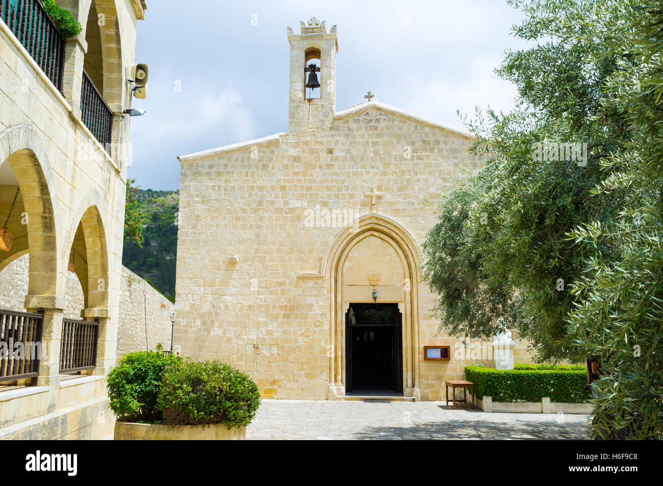 The large church of Saint Neophytos Monastery located in mountains next ...