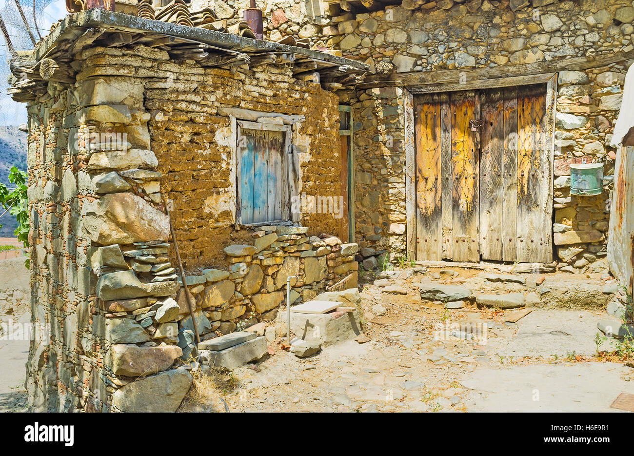 The abandoned stone house in the mountain village of Gourri, Cyprus ...