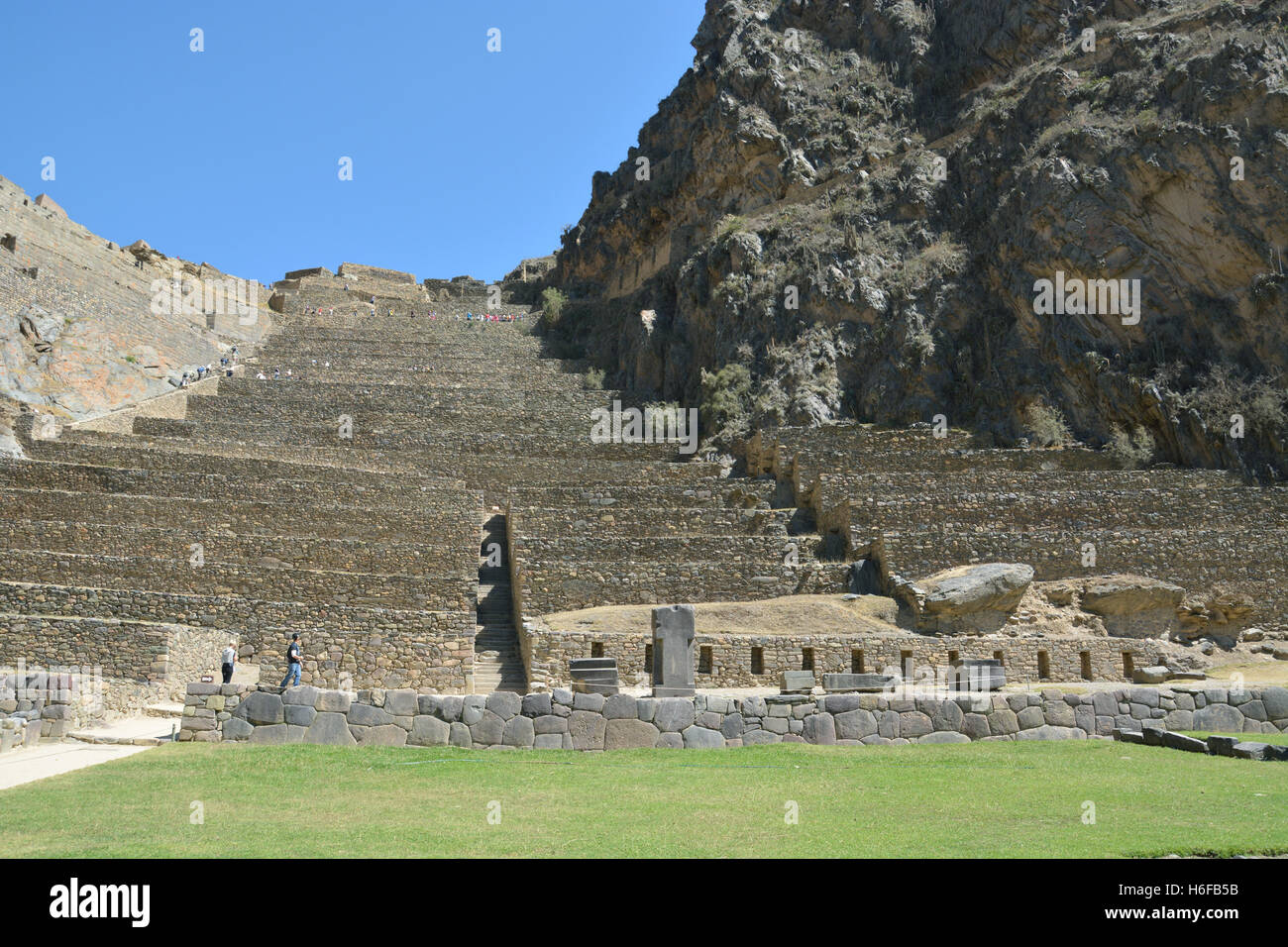 Looking up towards the Sun Temple at the Inca ruins of Ollantaytambo in ...