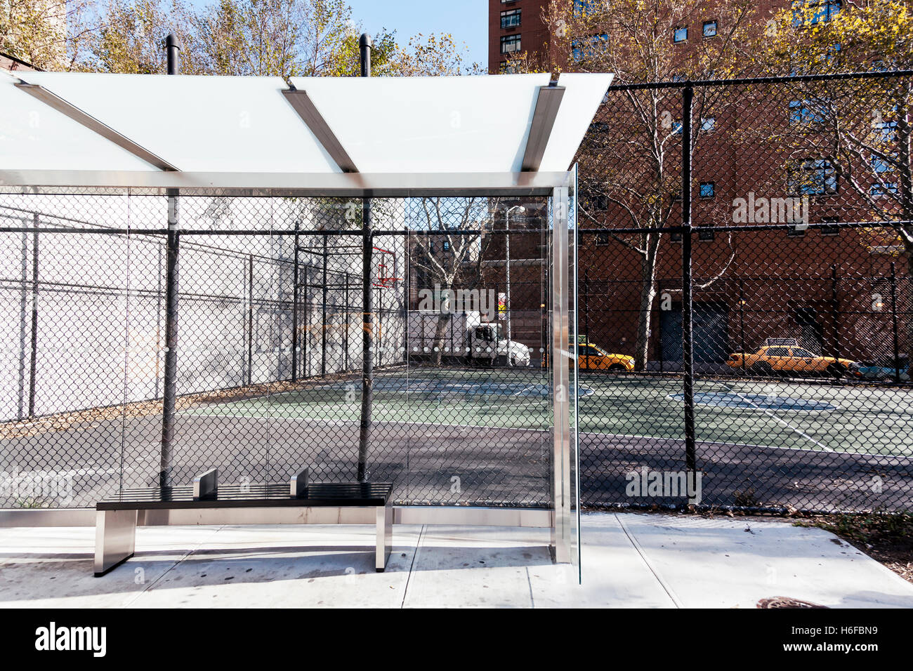 Empty bus station in downtown Manhattan Stock Photo - Alamy