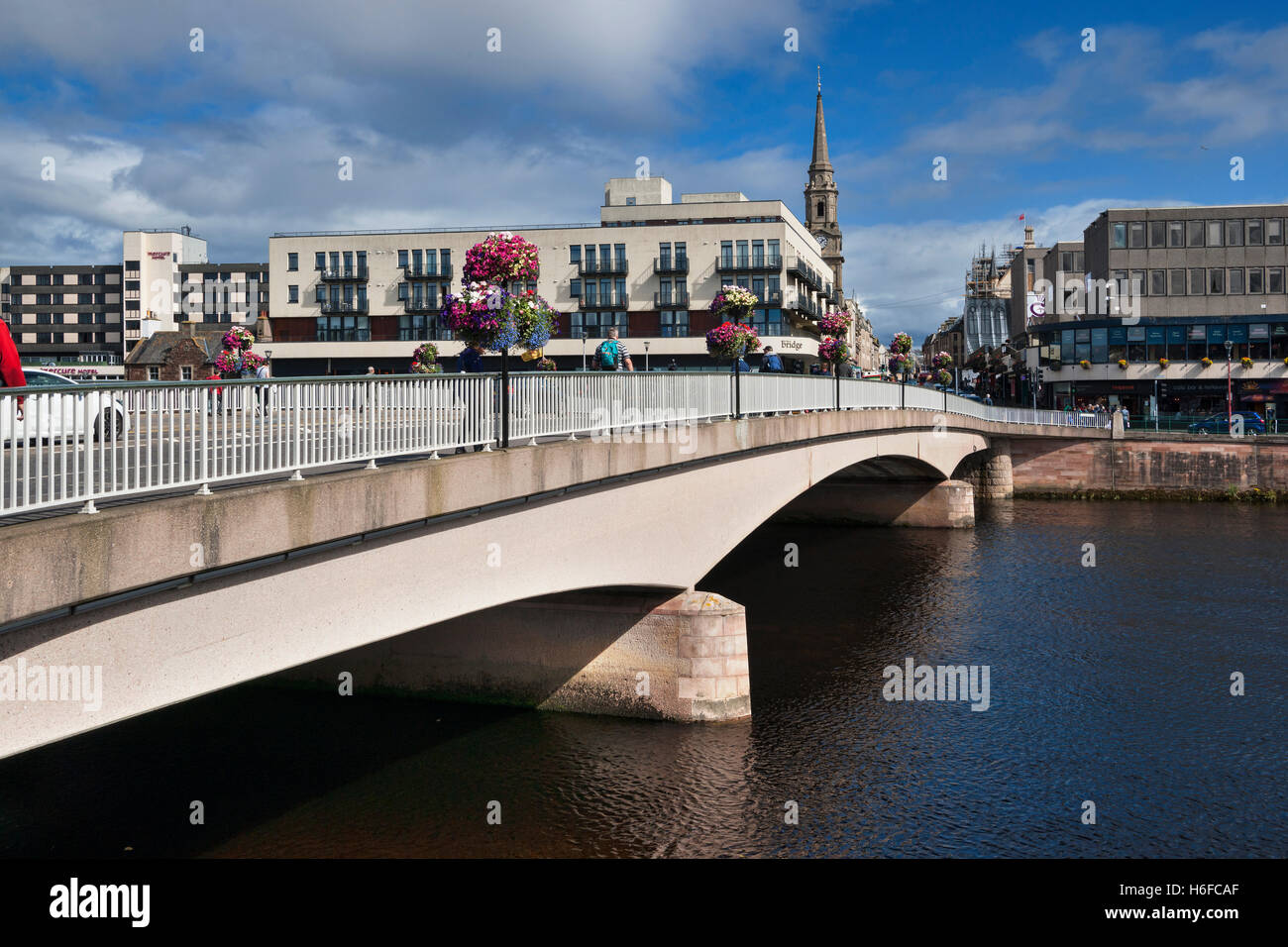 Inverness city centre, from bridge over River Ness, Highlands, Scotland ...