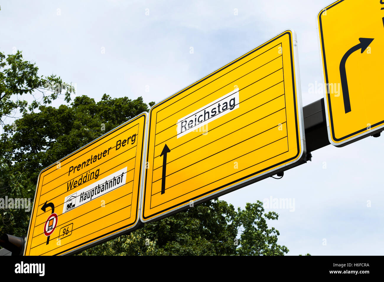 Directional signs to various places in Berlin, placed above a road ...