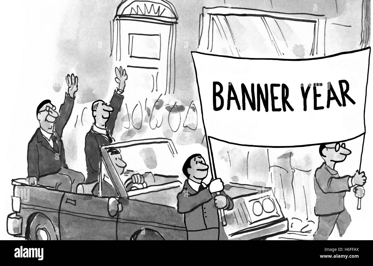Black and white illustration of a parade, 'a banner year' Stock Photo ...