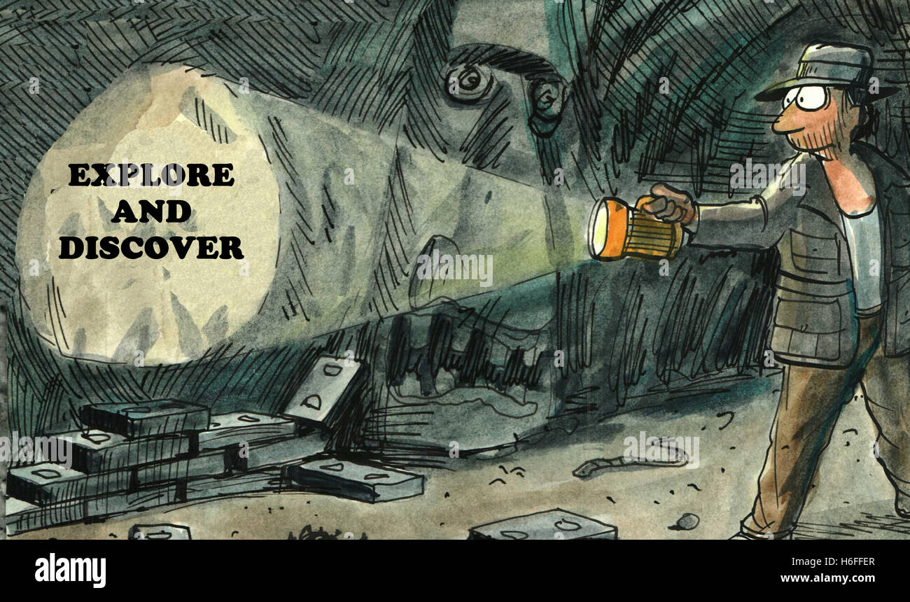 Color illustration of an explorer in a cave seeing 'explore and ...