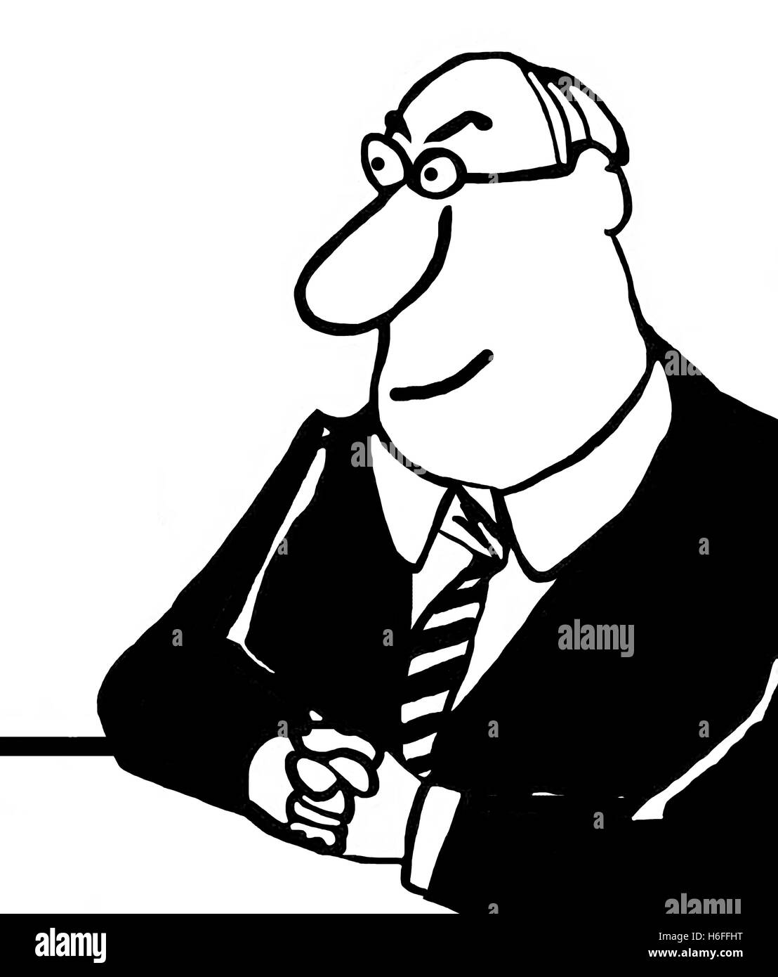 Black and white illustration of smiling man sitting at his desk Stock ...