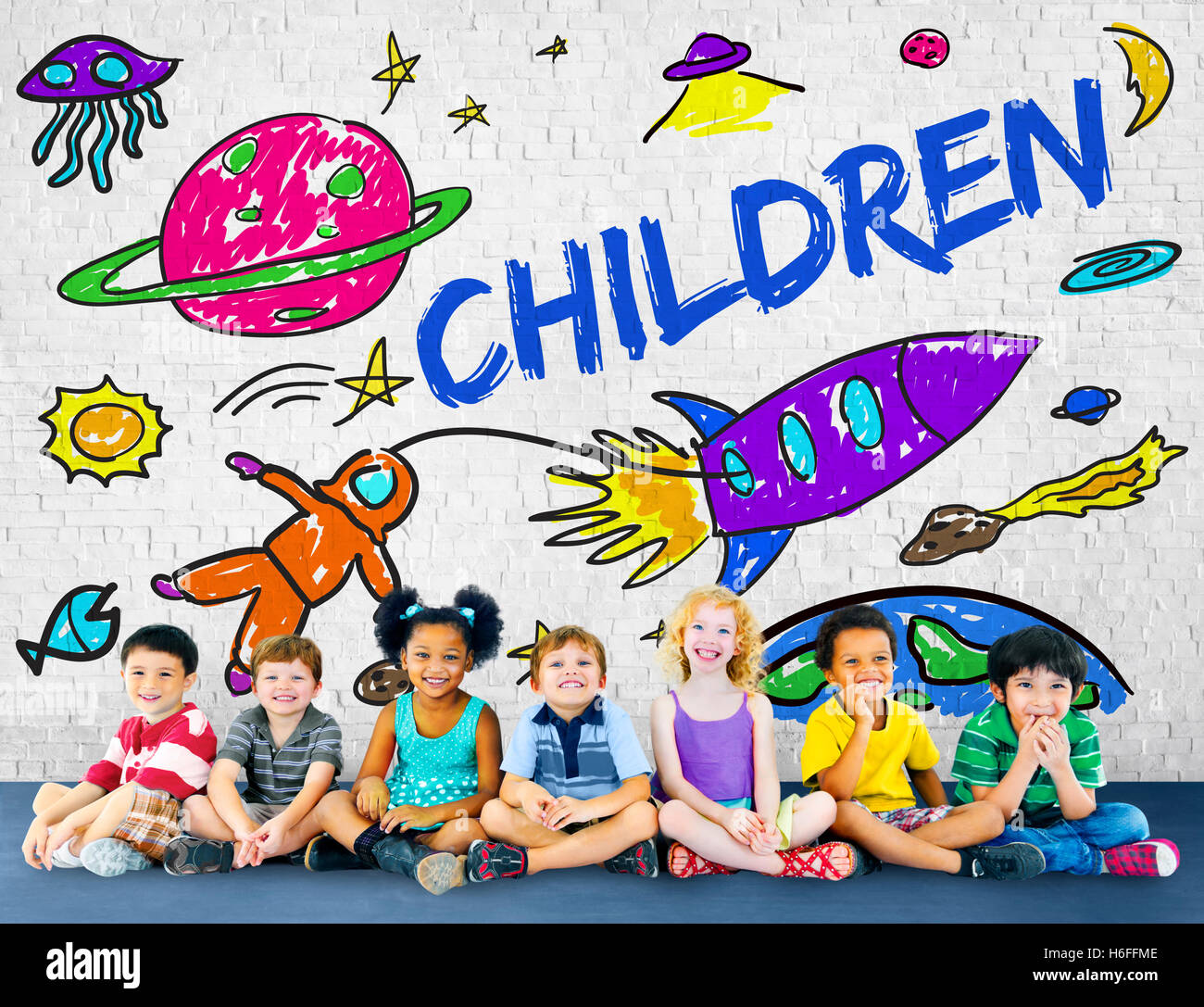Kids Imagination Space Rocket Joyful Graphic Concept Stock Photo - Alamy