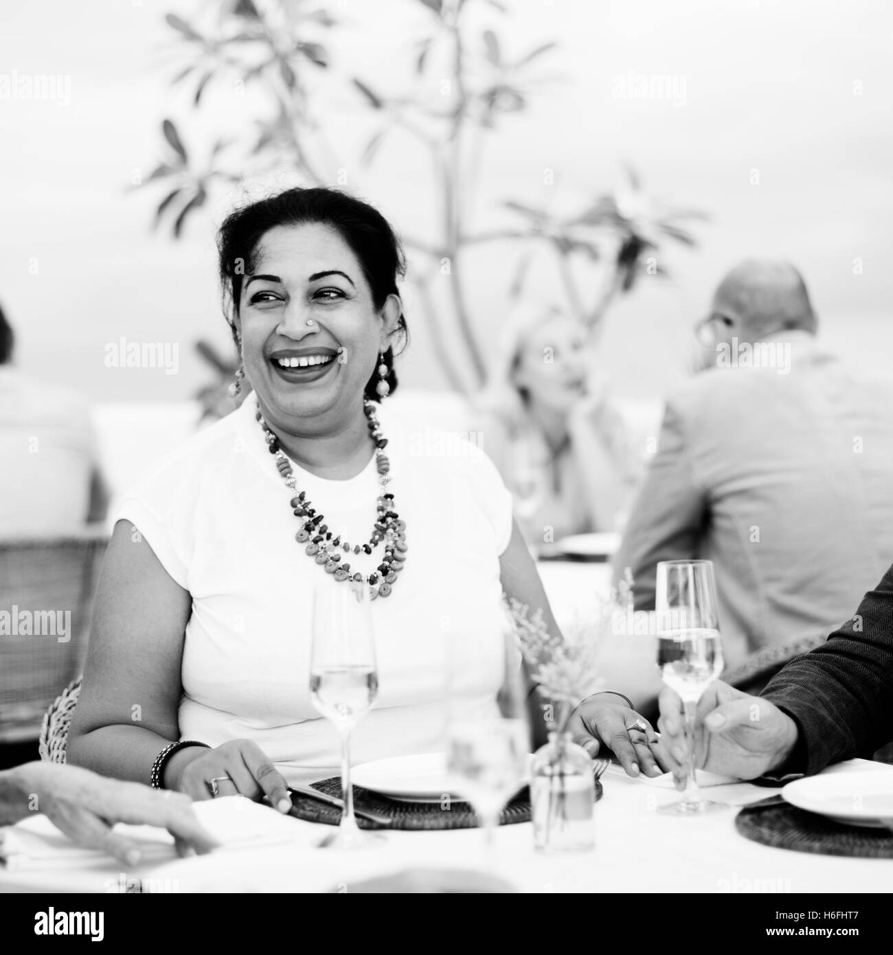 Restaurant friends food concept Black and White Stock Photos & Images ...