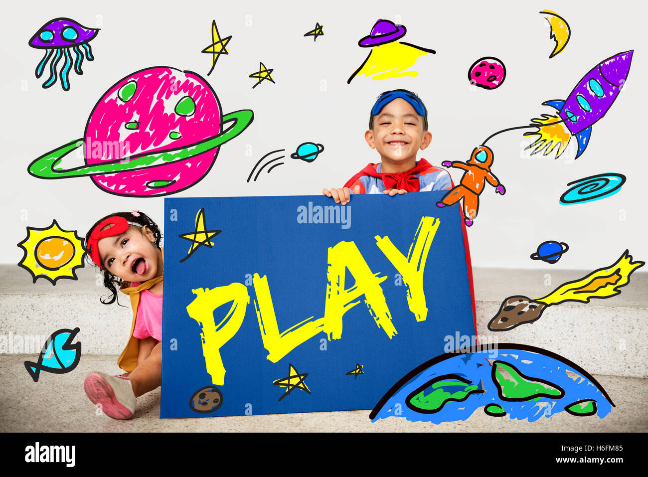 Kids Imagination Space Rocket Joyful Graphic Concept Stock Photo - Alamy
