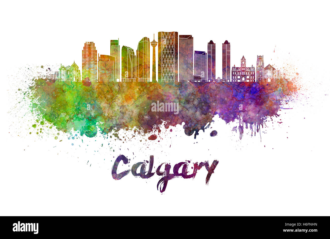 Calgary skyline in watercolor splatters with clipping path Stock Photo ...