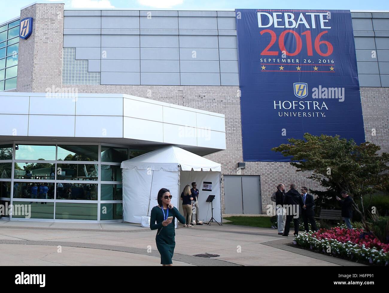 People stand outside the debate hall for the first US presidential ...