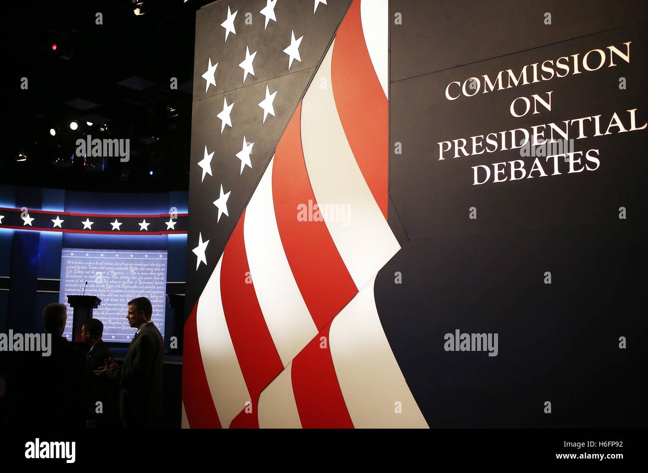 People talk inside the debate hall for the first US presidential debate ...