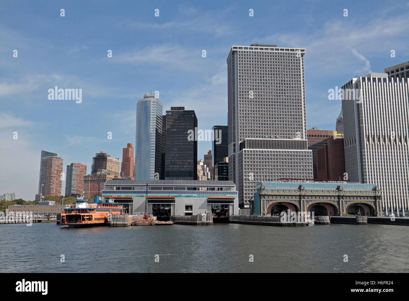 A Staten Island ferry in the Manhattan terminal in front of the Lower ...