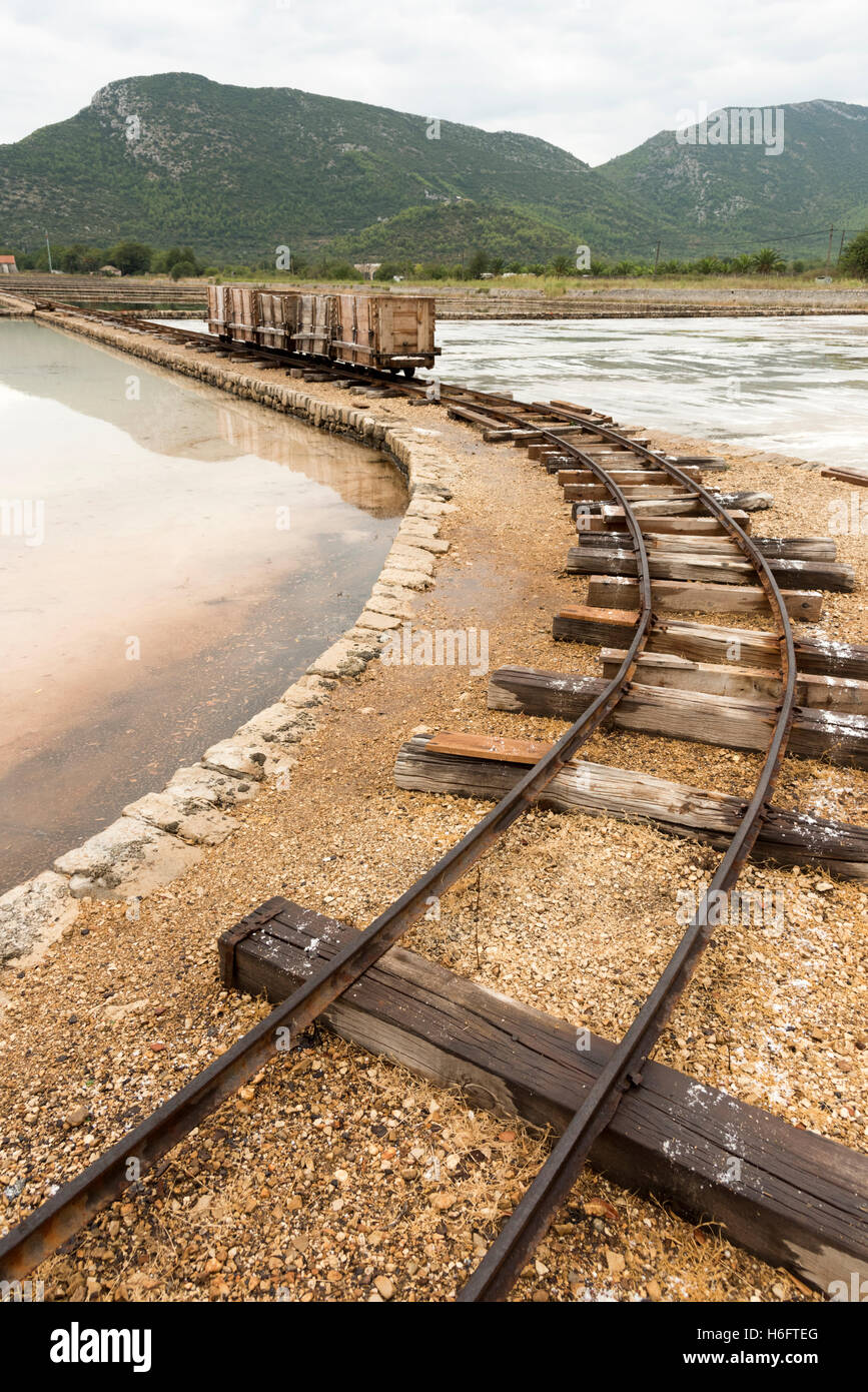 The railway line and tracks with wooden carts used to transport salt at ...