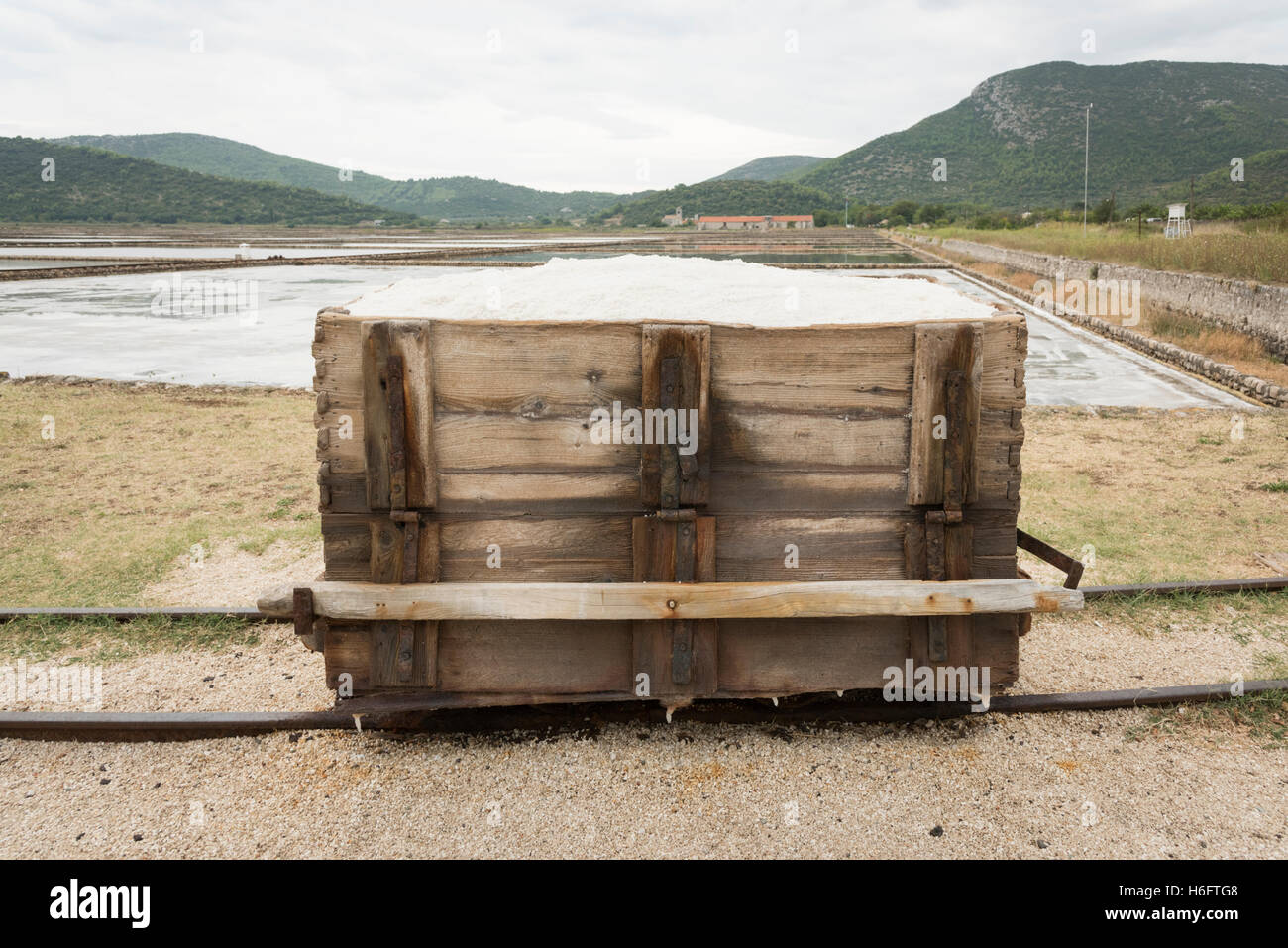 The railway line and tracks with wooden carts used to transport salt at ...