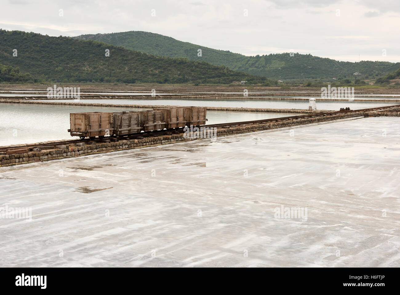 The railway line and tracks with wooden carts used to transport salt at ...