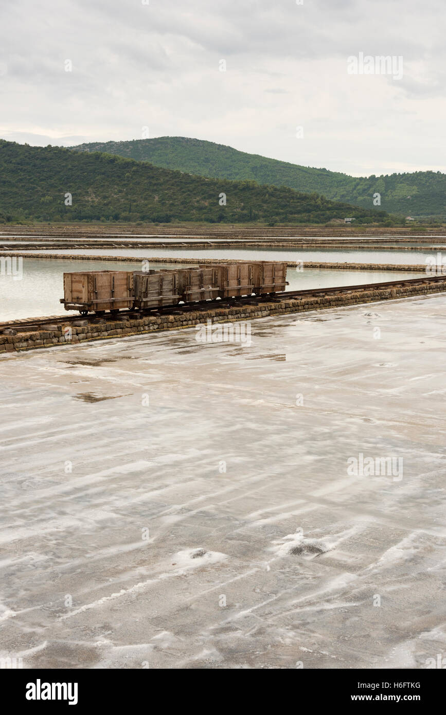 The railway line and tracks with wooden carts used to transport salt at ...