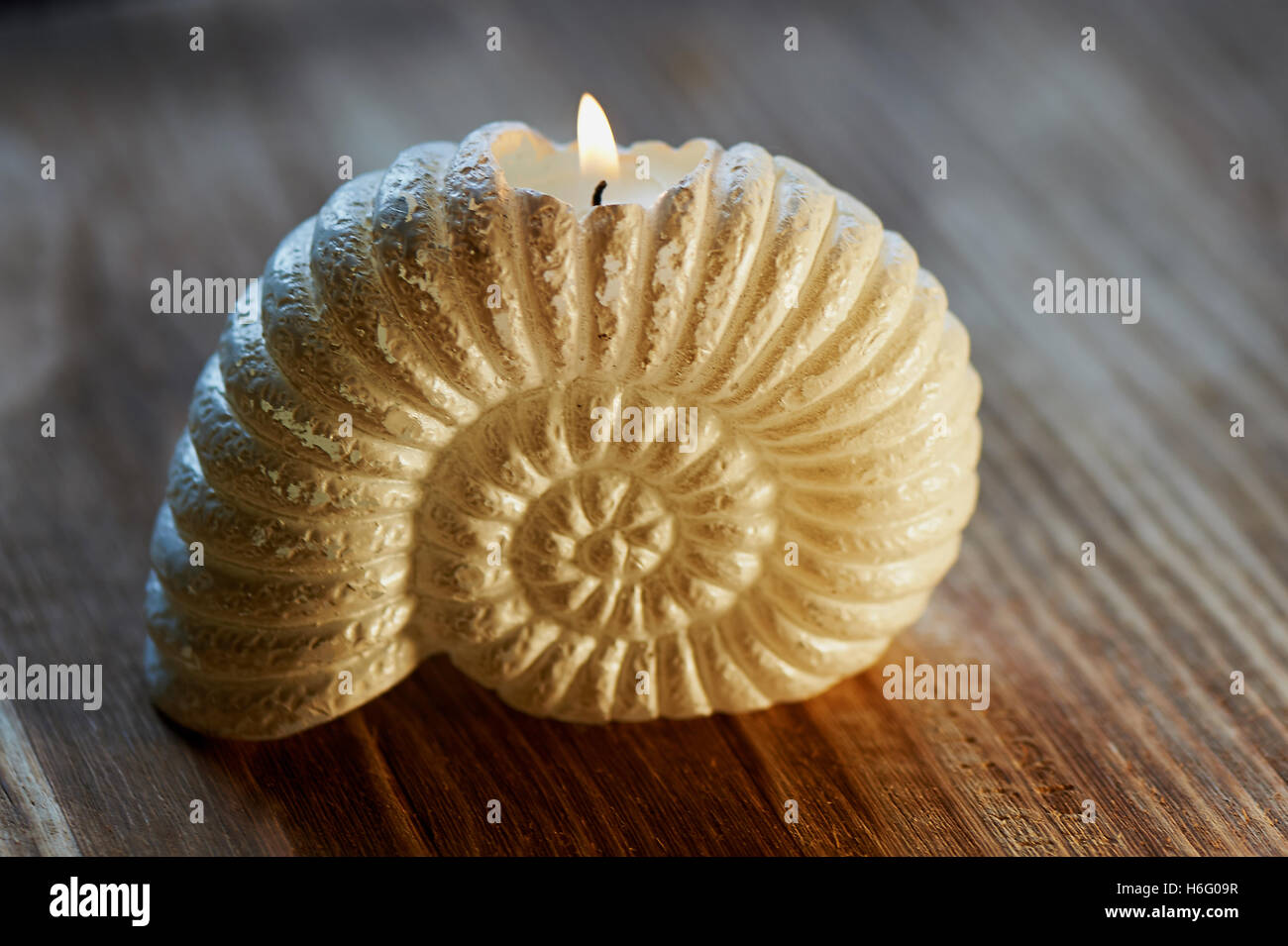Candle in the shape of a shell burning. On wooden surface Stock Photo ...