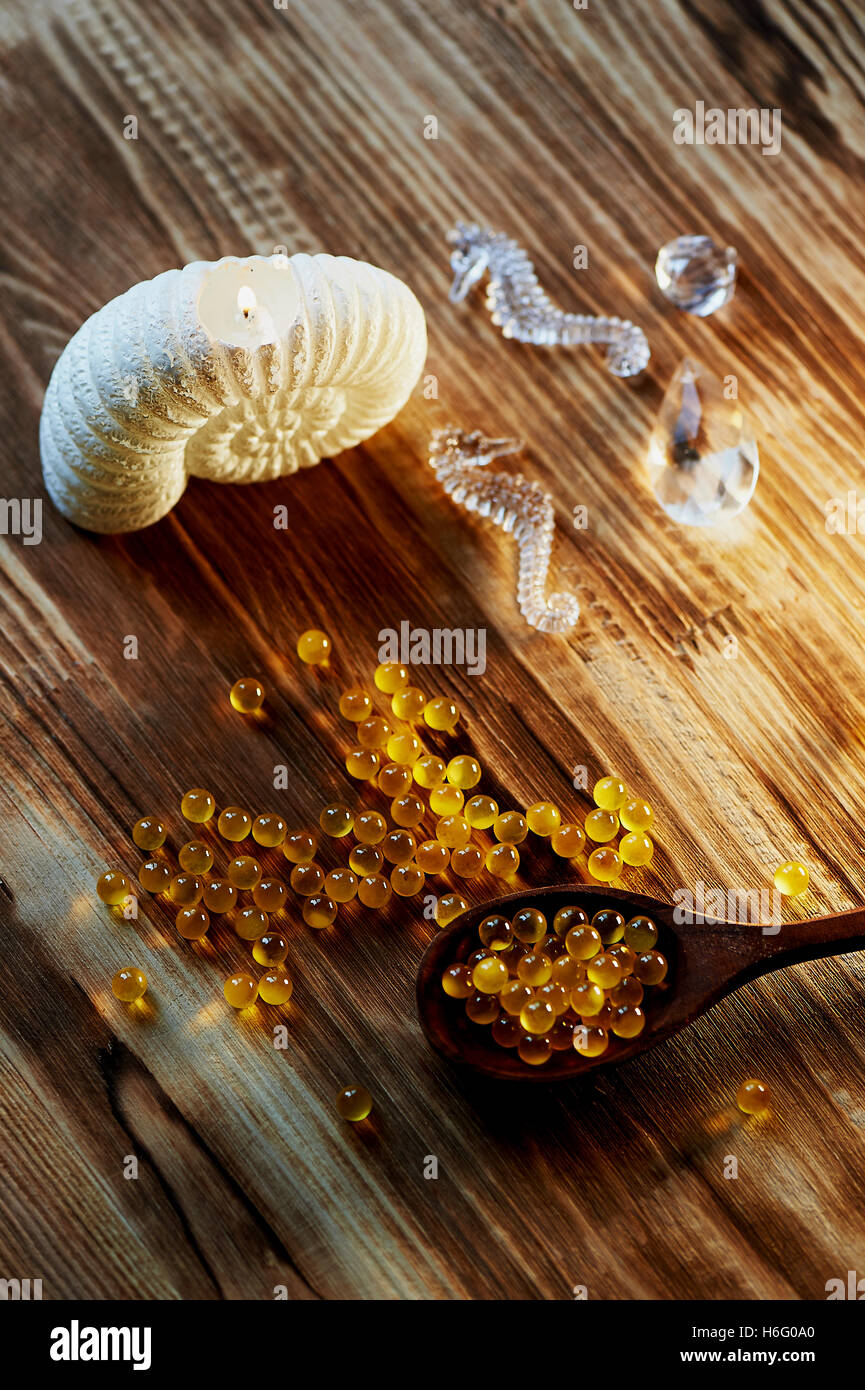 Candle in the shape of sea shells, fish oil, and a decorative seahorse ...