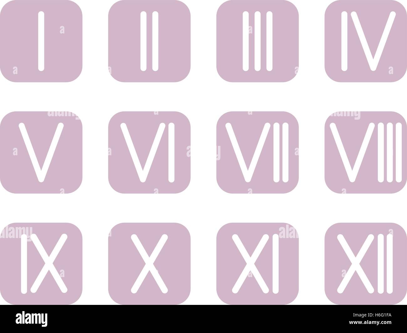 Set Roman numerals 1-12 icon. 12 square colored buttons. vector Stock ...