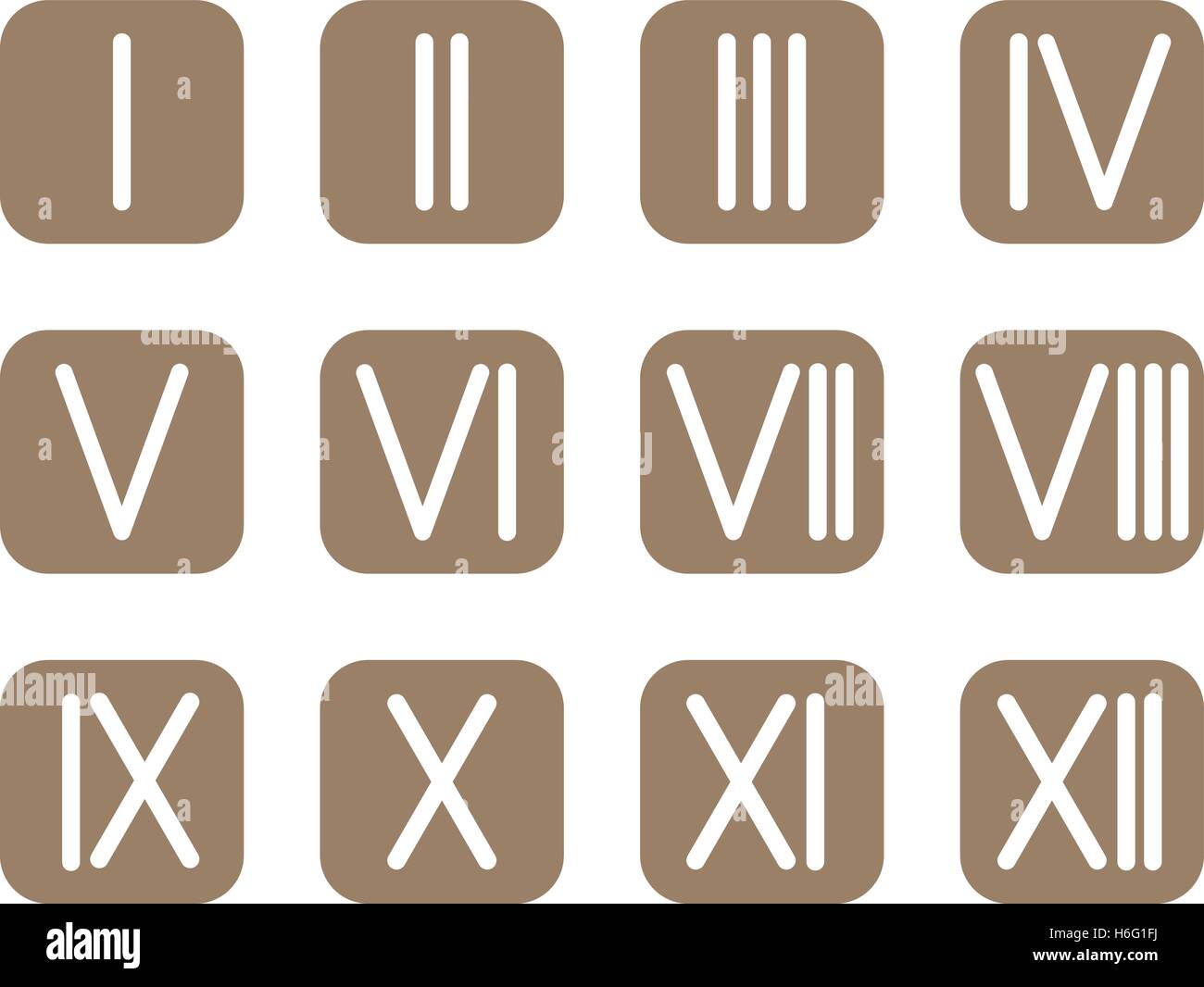 Set Roman numerals 1-12 icon. 12 square colored buttons. vector Stock ...