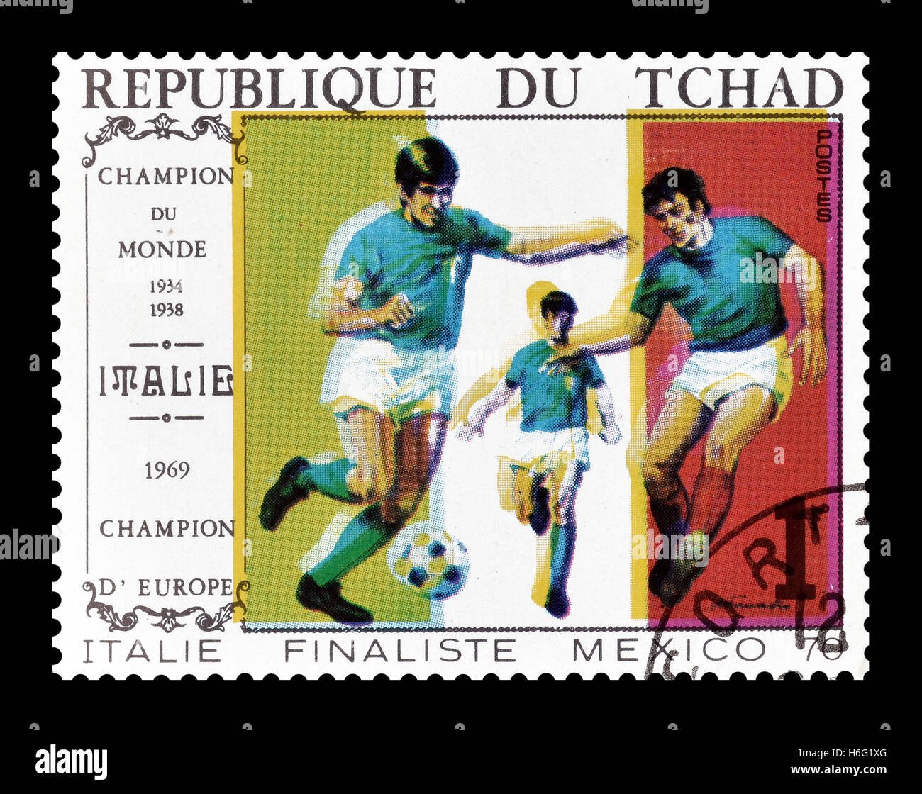 Cancelled postage stamp printed by Chad, that shows football players ...