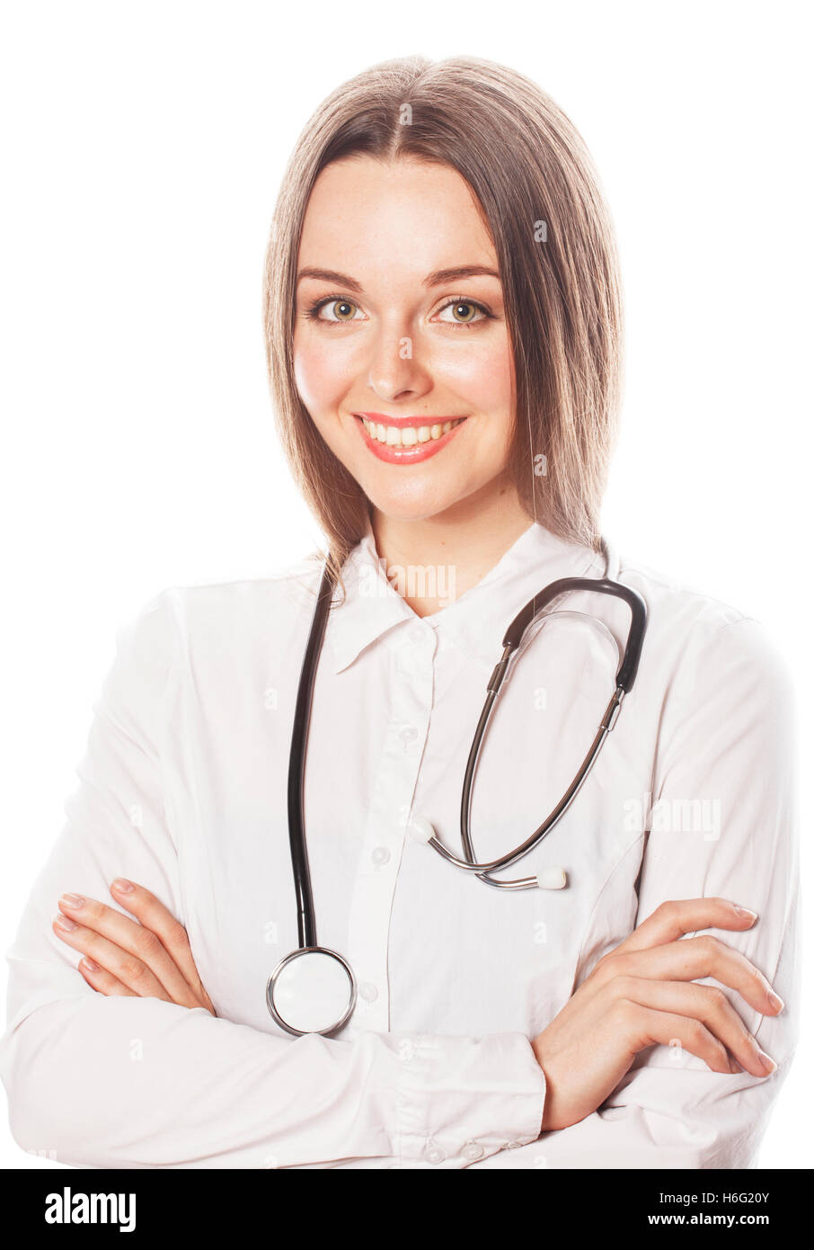 young pretty woman doctor with stethoscope on white background Stock ...