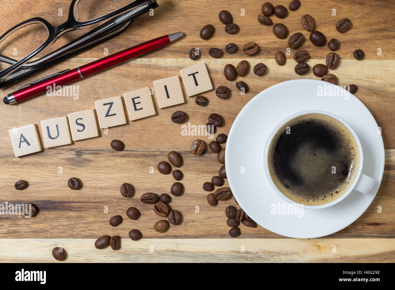 Espresso Auszeit (in german Pause) concept background on wood Stock ...