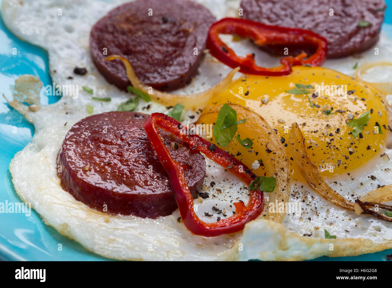 Sucuk turkish garlic sausage with egg Stock Photo - Alamy