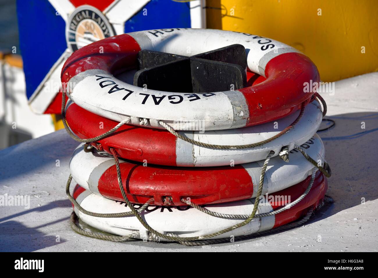 Lifebuoys stacked on a boat Scarborough England UK Stock Photo - Alamy