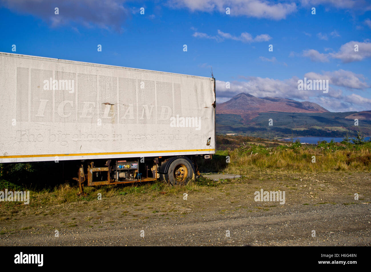 Iceland lorry with view of Goatfell on the Isle of Arran Stock Photo ...