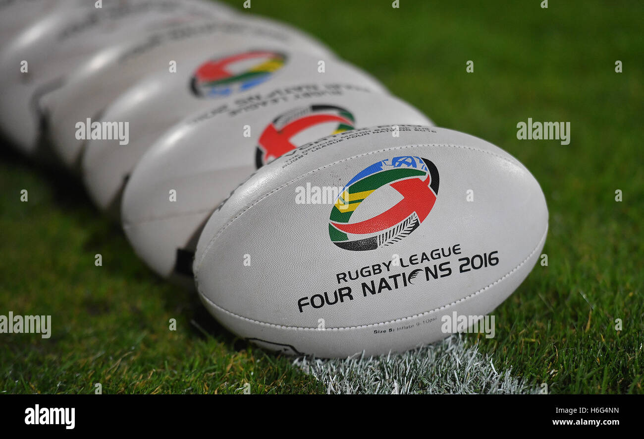 A Four Nations rugby ball during the Ladbrokes Four Nations match at ...