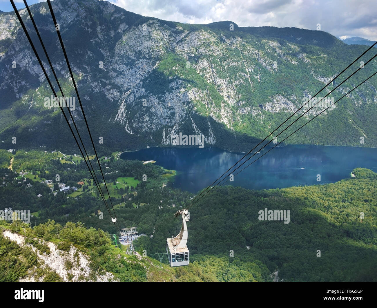 Cable car goes up to the top of the mountain Vogel in Bohinj, Slovenia ...