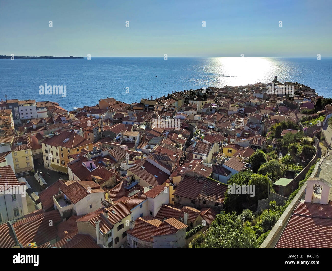 View of Piran from above surrounded by the Adriatic Sea in Slovenia ...