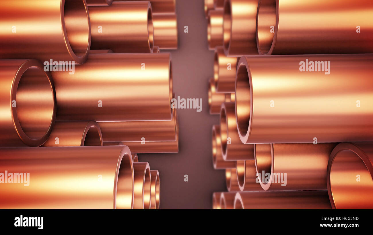 3d rendering of heap of polished copper pipes Stock Photo - Alamy