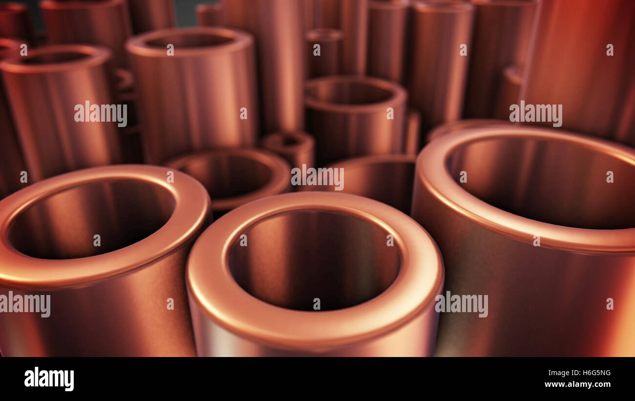3D rendering of shiny metal copper pipes with selective focus effect ...