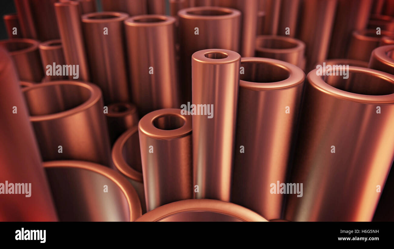 3d rendering of Heavy metallurgical industrial products. Copper pipes ...