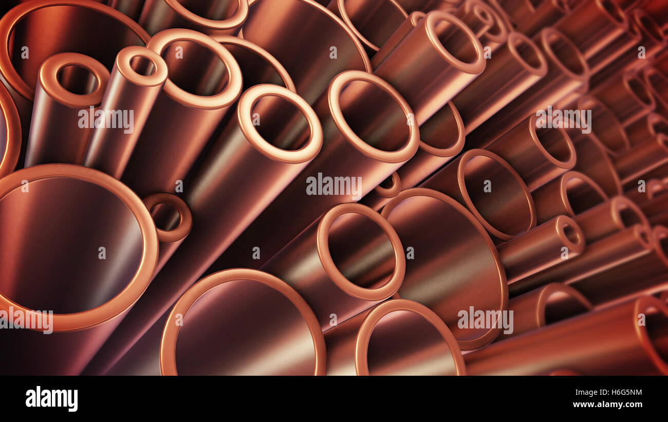 3D rendering Copper pipes. Heap of round metal tubes Stock Photo - Alamy