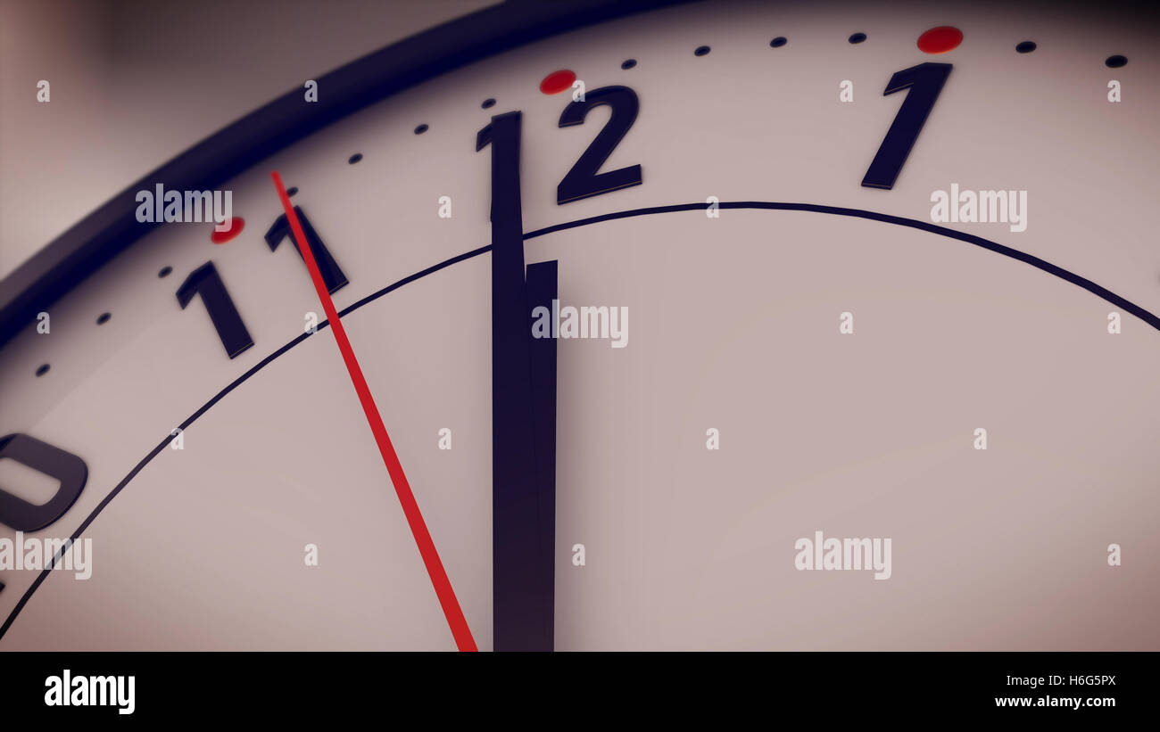 3d rendering of Hands pointing to midday on clock face. Closeup Stock ...