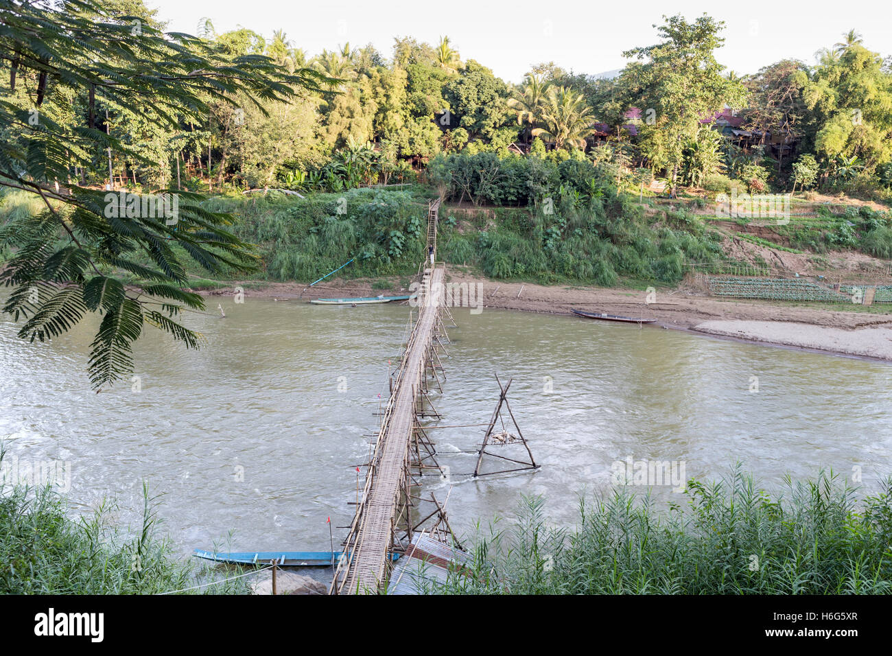 Nam Khan River With Bamboo Bridge Across Nam Khan River Luang Prabang