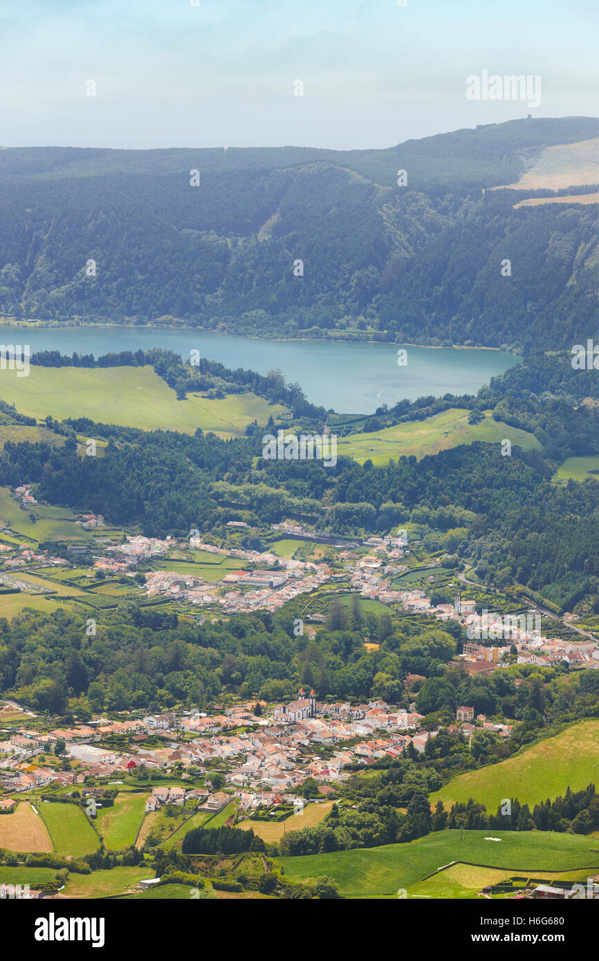 Azores landscape with Furnas lake and village from Salto Cavalo ...