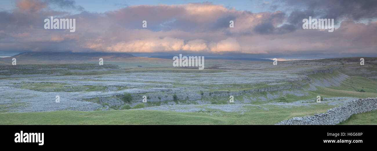 Stitched panoramic view of Pen-y-ghent seen over Limestone pavements at ...