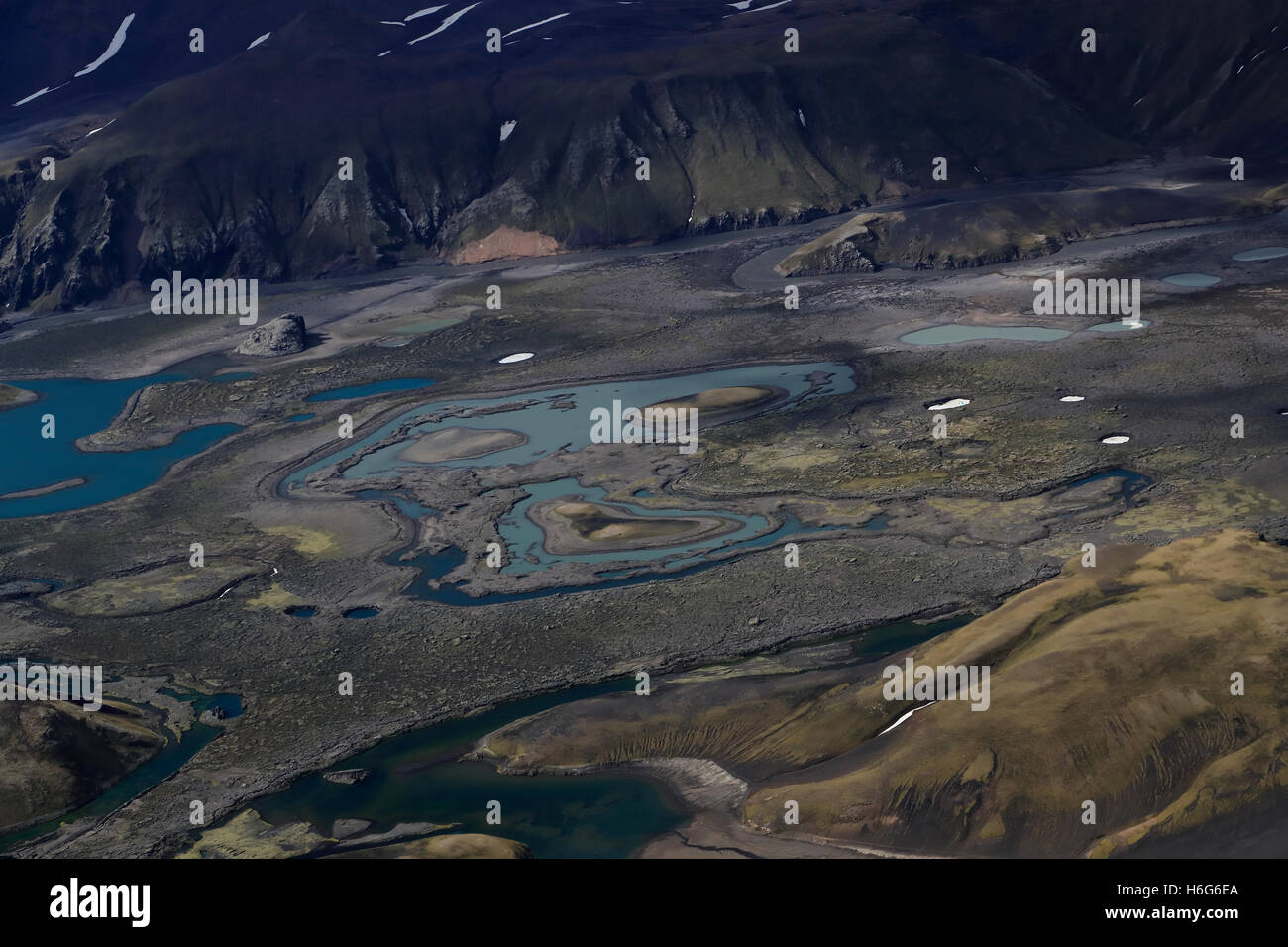 Aerial photo of rivers and lakes, mountain in the highlands of Iceland ...