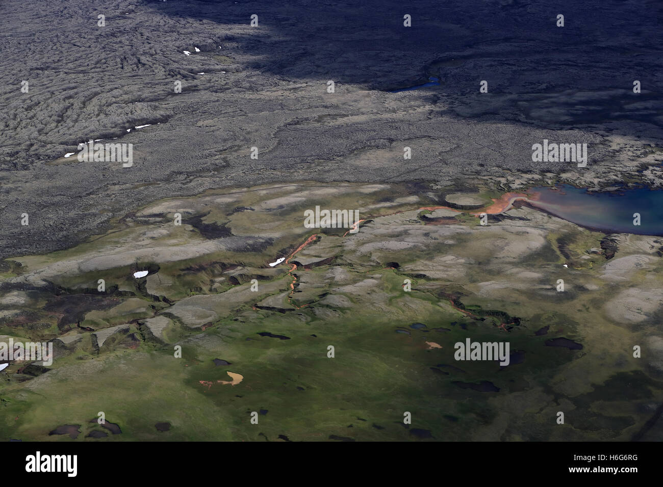 Aerial photo of rivers and lakes, mountain in the highlands of Iceland ...