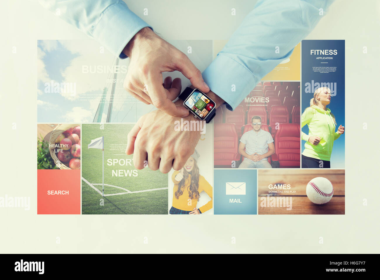 hands with news web pages on smart watch Stock Photo - Alamy