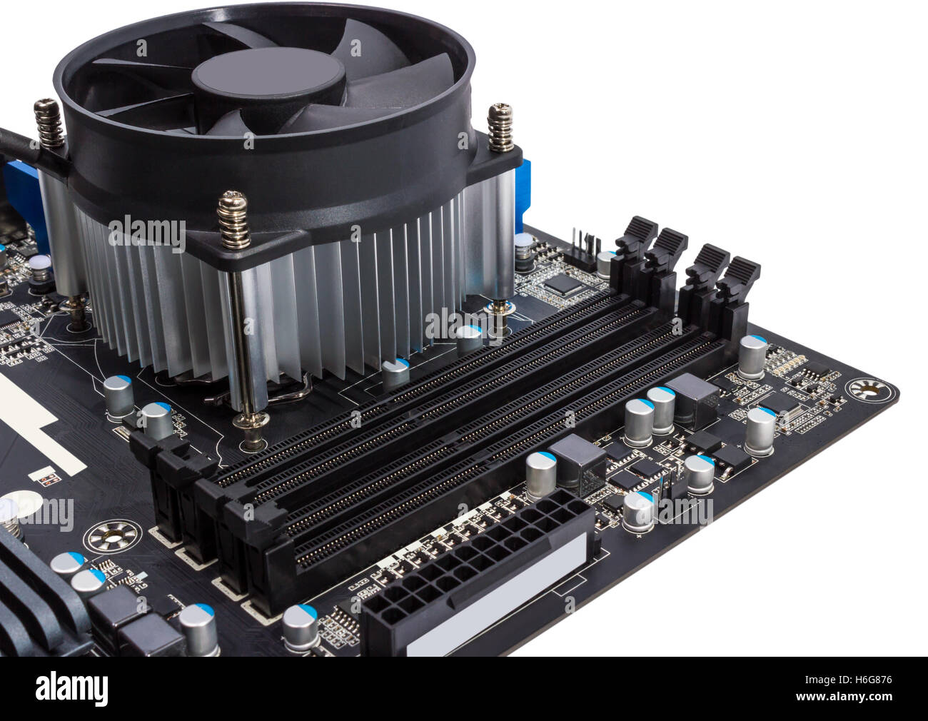 Computer motherboard isolated on white background with CPU cooler Stock ...