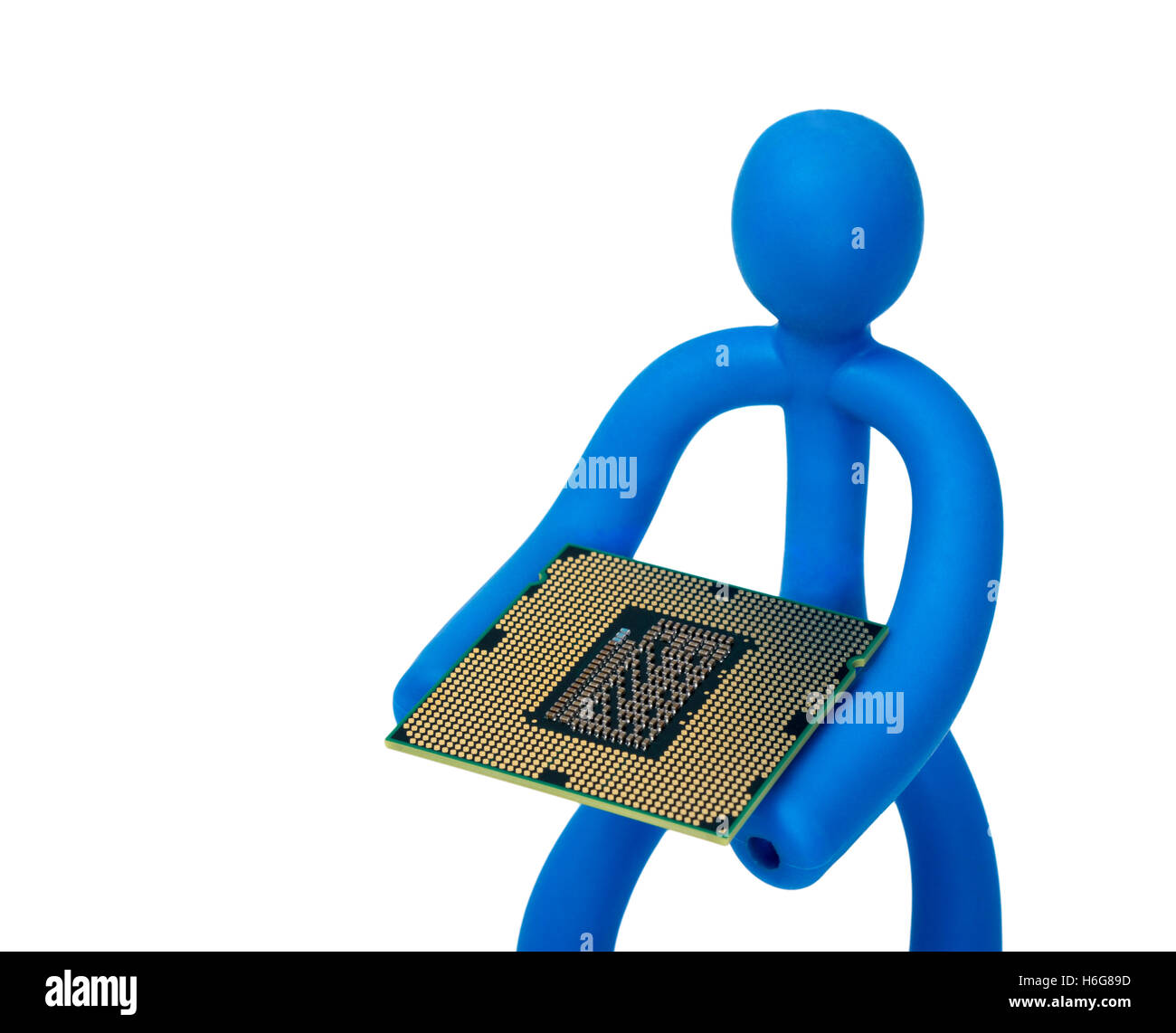Blue rubber man keeps the processor isolated on white background Stock ...